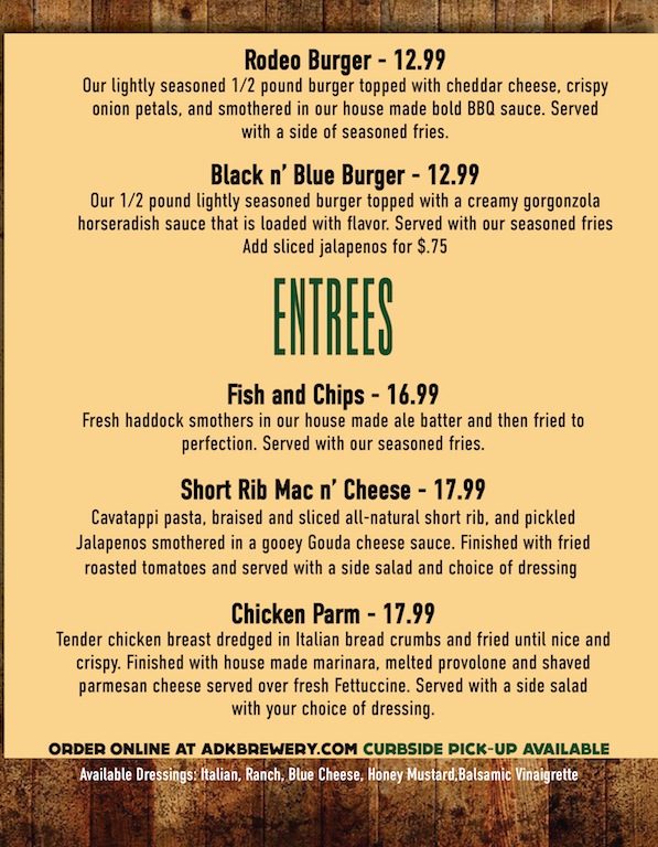 Takeout & Outdoor Dining Menu : Adirondack Brewery