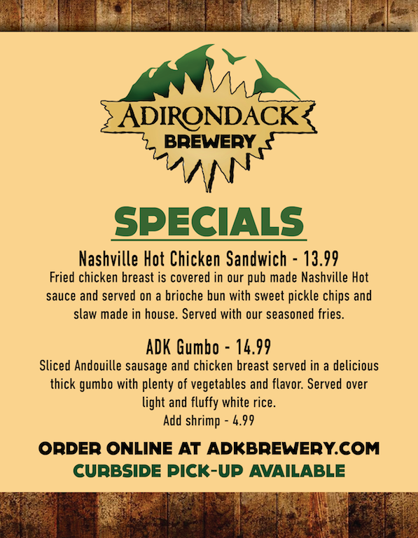 Takeout & Outdoor Dining Menu : Adirondack Brewery